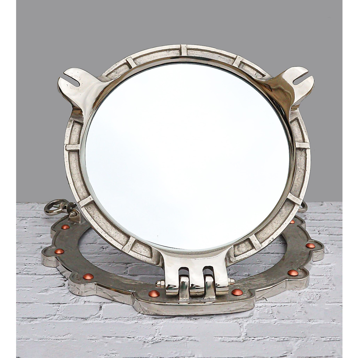 Ebros Gift Polished Aluminum Nautical Marine Round Ship Porthole Folding Wall Mirror Decor 14.5" Diameter Ocean Sailor Sea Exploration and Travel Accent