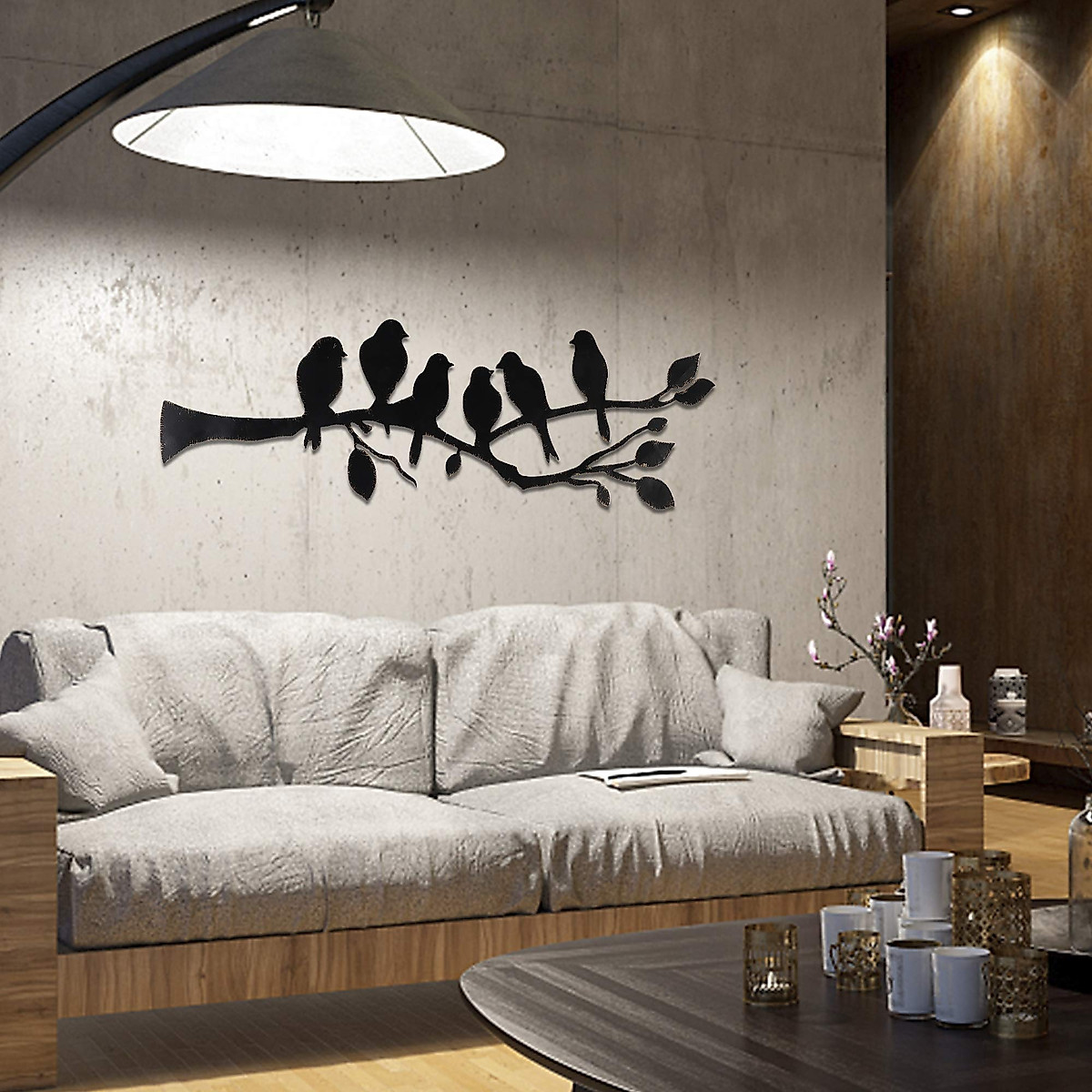 Ridota Metal Wall Art Decor, 6 Birds on the Branch Metal Art Wall Decor Hanging for Indoor Outdoor Home Garden, 24 x 7.5 Inch