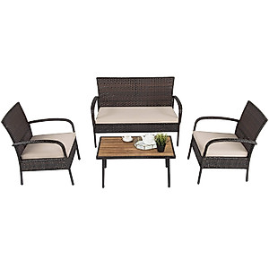 COSTWAY 4PCS Patio Rattan Furniture Set Outdoor Conversation Set Coffee Table w/Cushions
