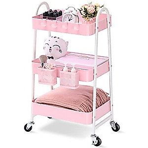 KINGRACK 3 Tier Utility Rolling Cart,Metal Rolling Storage Cart,Craft Art Cart with Handle and Locking Wheels & 2 Hanging Baskets 4 Hooks for Bathroom,Kids'Room,Classroom,Bedroom,Pink