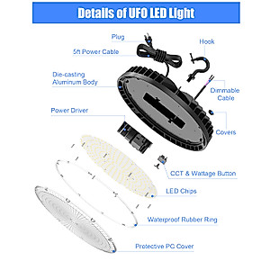 KUKUPPO 2 Pack 240W LED High Bay Light UL&DLC Listed, 36,000lm 240W/190W/140W, 3000K/4000K/5000K Adjustable LED UFO High Bay Shop Light Warehouse Light, 0-10V Dimmable, AC100-277V with Plug, Black