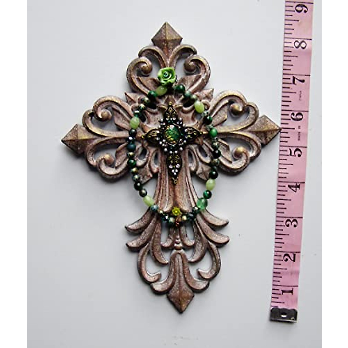 Upscaled Green ROSE Beaded WALL CROSS Decor, Wood Hand Beaded Cross, Office home church cross, upscaled religious art, Christian gift