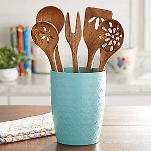 Liphontcta The Pioneer Woman 6-Piece Fleur Utensil Crock with Wood Tools