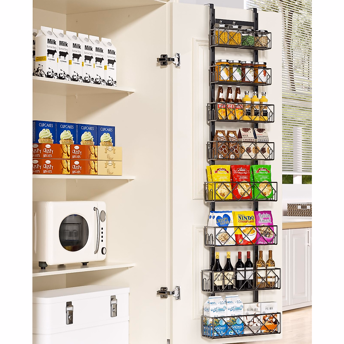 Over the Door Pantry Organizer 8-Tier Adjustable Baskets Hanging Spice Door Rack Narrow - 13.78" W x 65.16" H Behind the Door Storage for Kitchen, Bathroom, and Closet Organization- Black