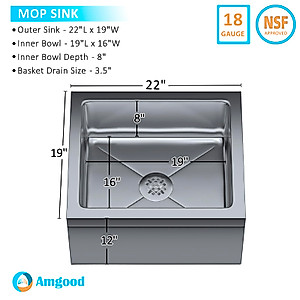Stainless Steel Floor Mop Sink | 19" x 22" x 12" Sink | 304 Stainless Steel | NSF
