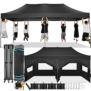 COBIZI 10x20 Pop Up Canopy with 6 Sidewall,Heavy Duty Canopy UPF 50+ All Season Wind Waterproof Commercial Outdoor Wedding Party Tents for Parties Canopy Gazebo with Roller Bag(10 x 20 ft Black)