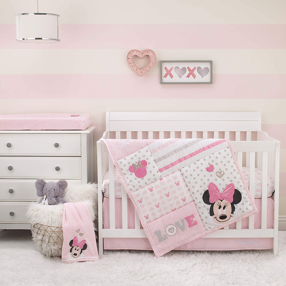 Disney Minnie Mouse Love to Love 3 Piece Nursery Crib Bedding Set, Pink/Grey/White/Rosegold