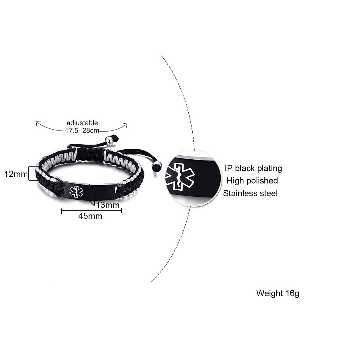 VNOX Customize Medical Jewelry-13MM Handmade Braided Rope Stainless Steel ID Paracord Adjustable Bracelet,White