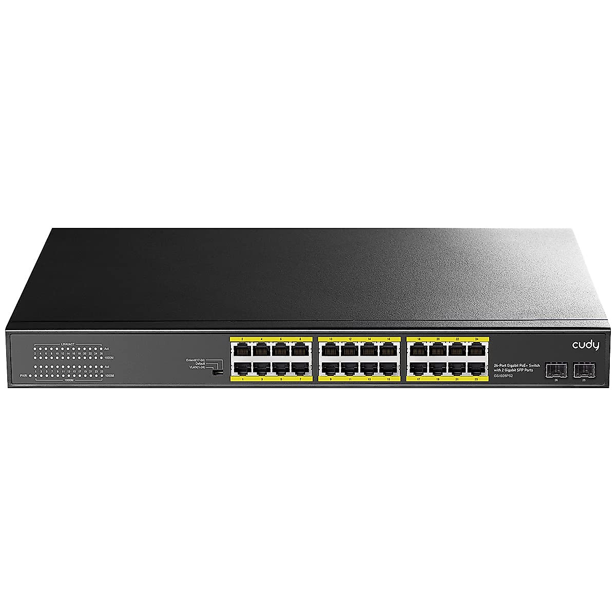 Cudy 24 Gigabit Ethernet Unmanaged PoE+ Switch, 300W, 24 * 100/1000Mbps PoE+ Ports, 2 Gigabit SFP, CCTV / VLAN Mode, 19-inch Rackmount, 802.3af/at, GS1028PS2