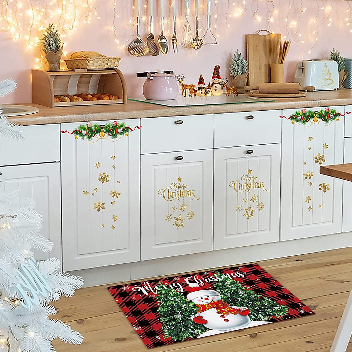 2 Piece Snowman Kitchen Rug Set Merry Christmas Indoor Floor Mats for Winter, Xmas Door Mat Runner Rug Carpet Mat for Kitchen Home Decor (15.7" x 23.6"+15.7" x 47.2") - Red Black Buffalo Check Plaid