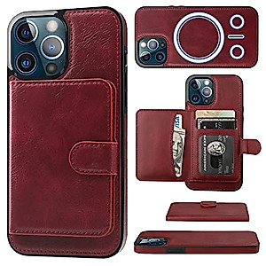 Bocasal Wallet Case for iPhone 13 Pro Max Compatible with MagSafe Magnetic RFID Blocking Detachable Premium PU Leather Flip Case with Card Slots Holder Kickstand Wireless Charging 6.7 Inch (Wine Red)