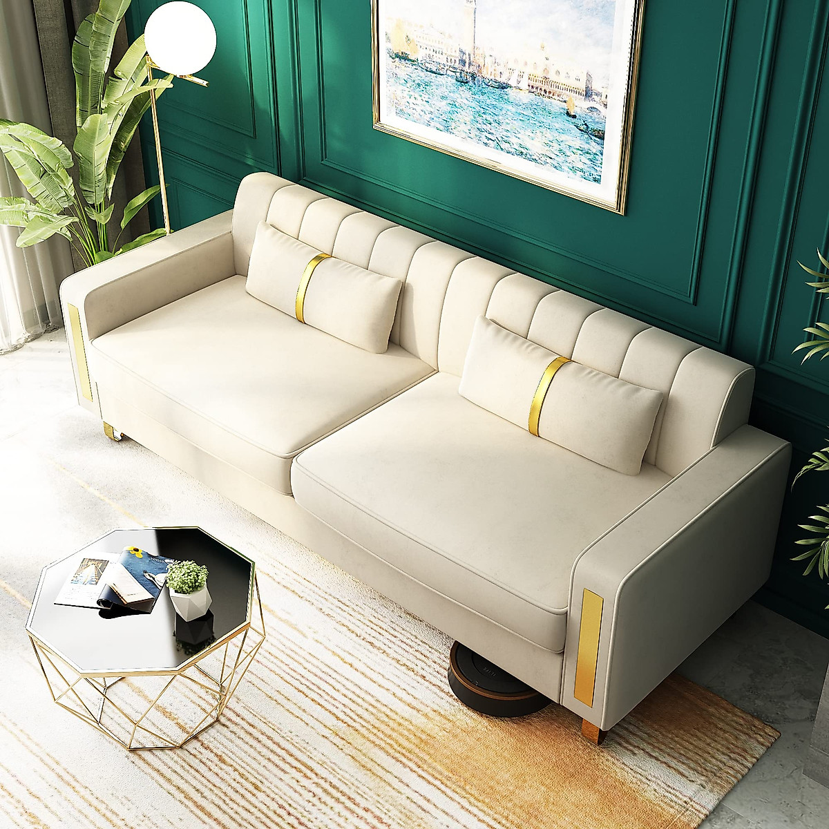 Couch 85.62" 3 Seats Sectional Velvet Fabric Sofa Easy Assemble Sofa Bed with 2 Couch Pillows,Gold Metal Legs for Living Room (P17, 2 PCS Beige)