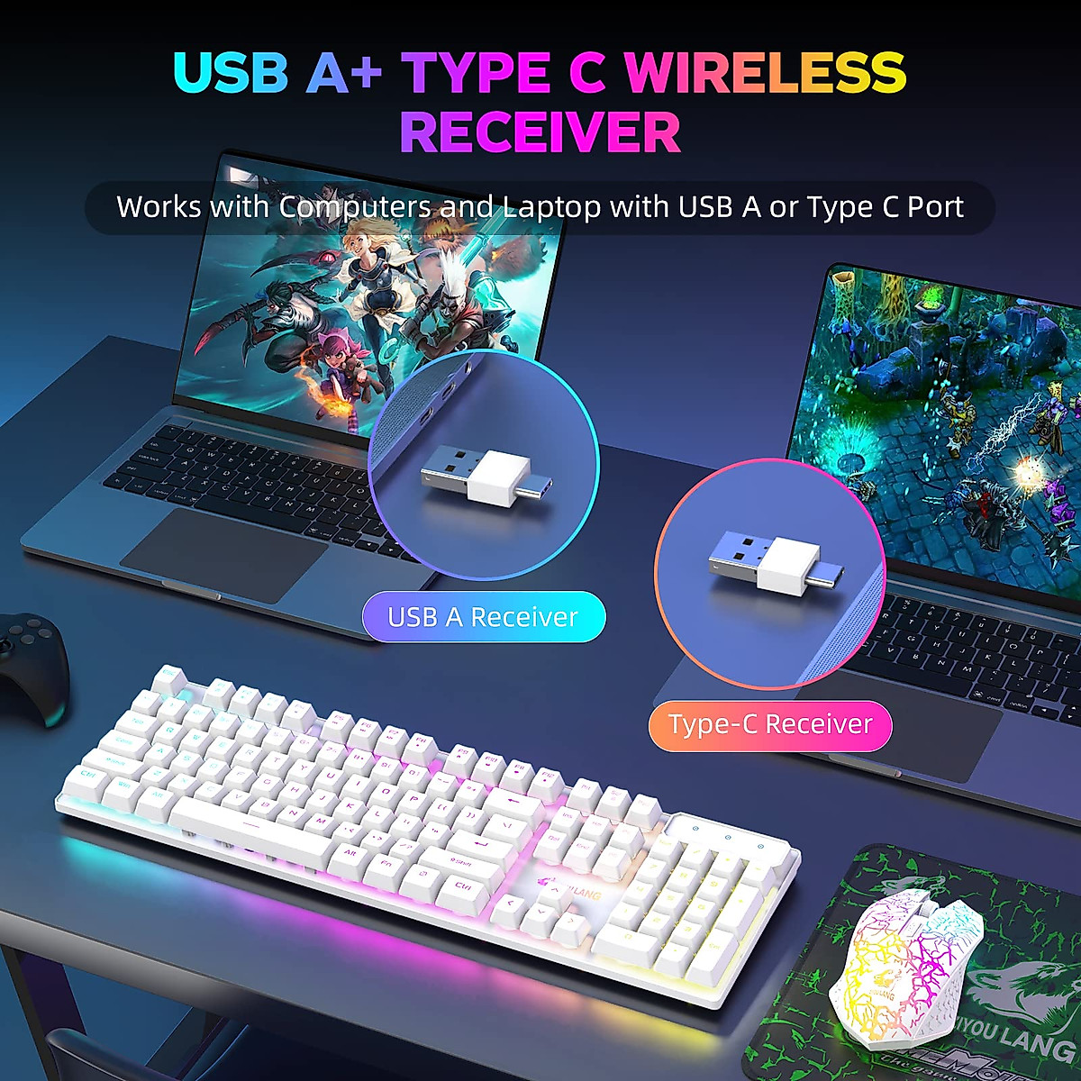 XINMENG Wireless Gaming Keyboard and Mouse USB/Type-C Dual Receiver, Rechargeable Long Battery Life, Rainbow Backlit Mechanical Feel Keyboard and Adjustable DPI Mice, for PC,Mac,Laptop,PS4,PS5,Xbox