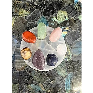 CrystalsAhoy 3" Selenite Charging Plate with TWO Chakra Sets included, polished round and double pointed chakra crystals