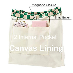 PAZIMIIK Corduroy Tote Bags for Women Reusable Grocery Shopping Shoulder Go-to Everyday Bag with Canvas Lining for Work Travel,Checkered Green