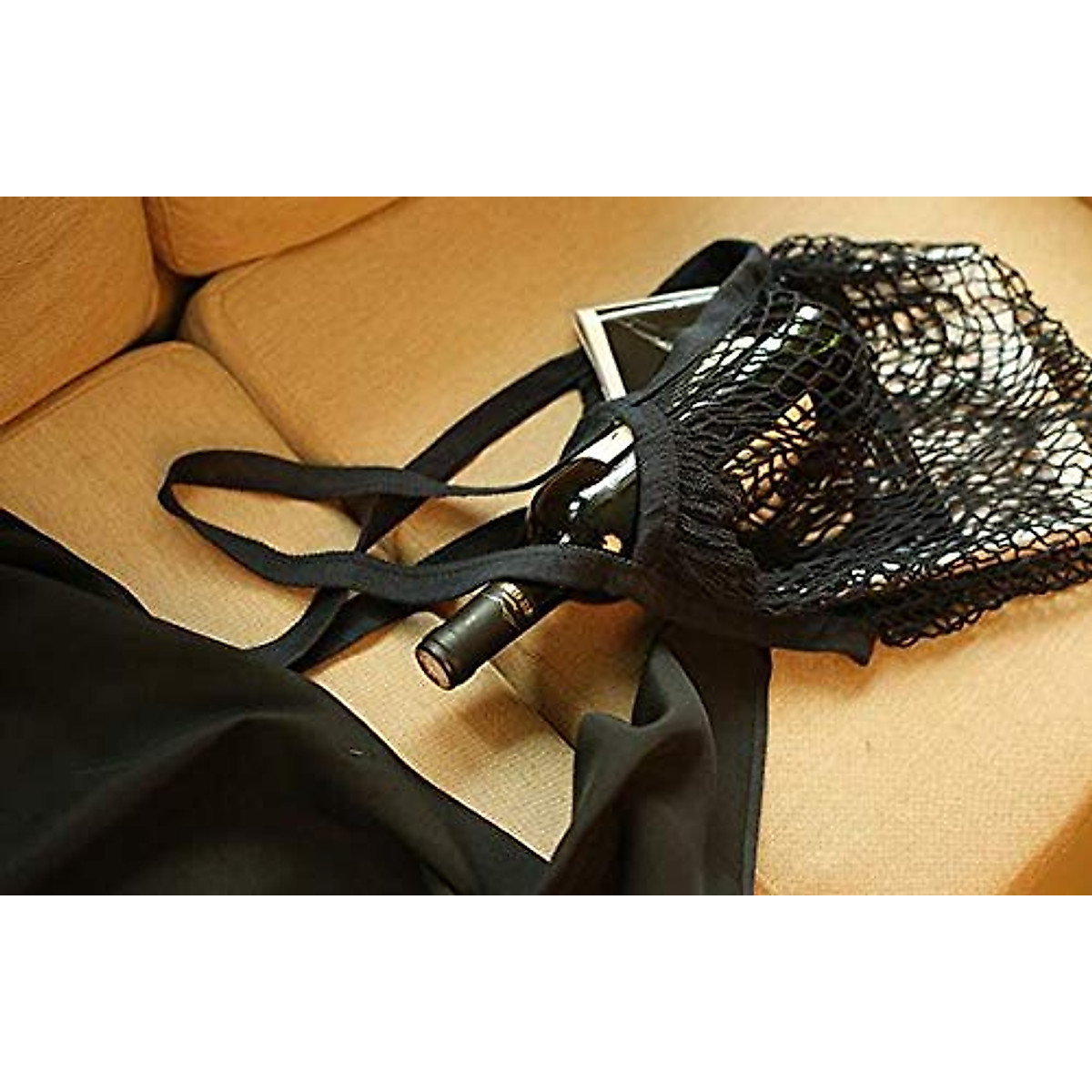 6 Pack Portable,Reusable,Reusable Produce Bags,Washable Cotton Mesh String Organic Organizer Shopping Handbag Long Handle Net Tote (grey blue,Black,Beige,Pink,Purple,Yellow)