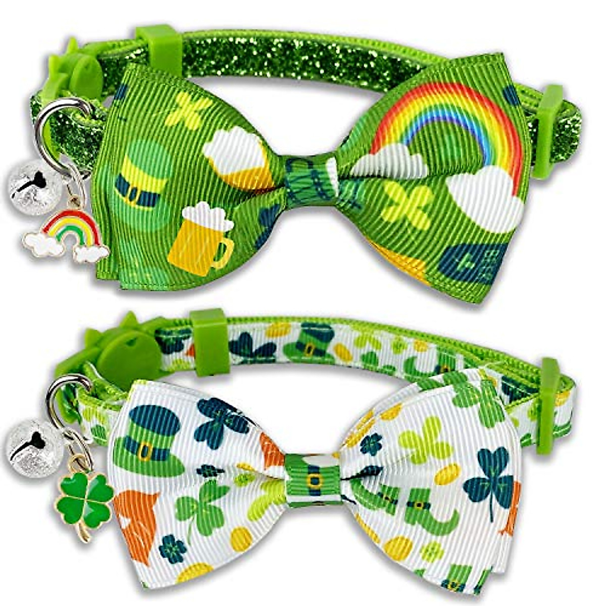 Pohshido St. Patrick's Cat Collar with Bow Tie and Bell, Kitty Kitten Breakaway Lucky Irish Shamrock Collar for Girls and Boys Male Female Cats