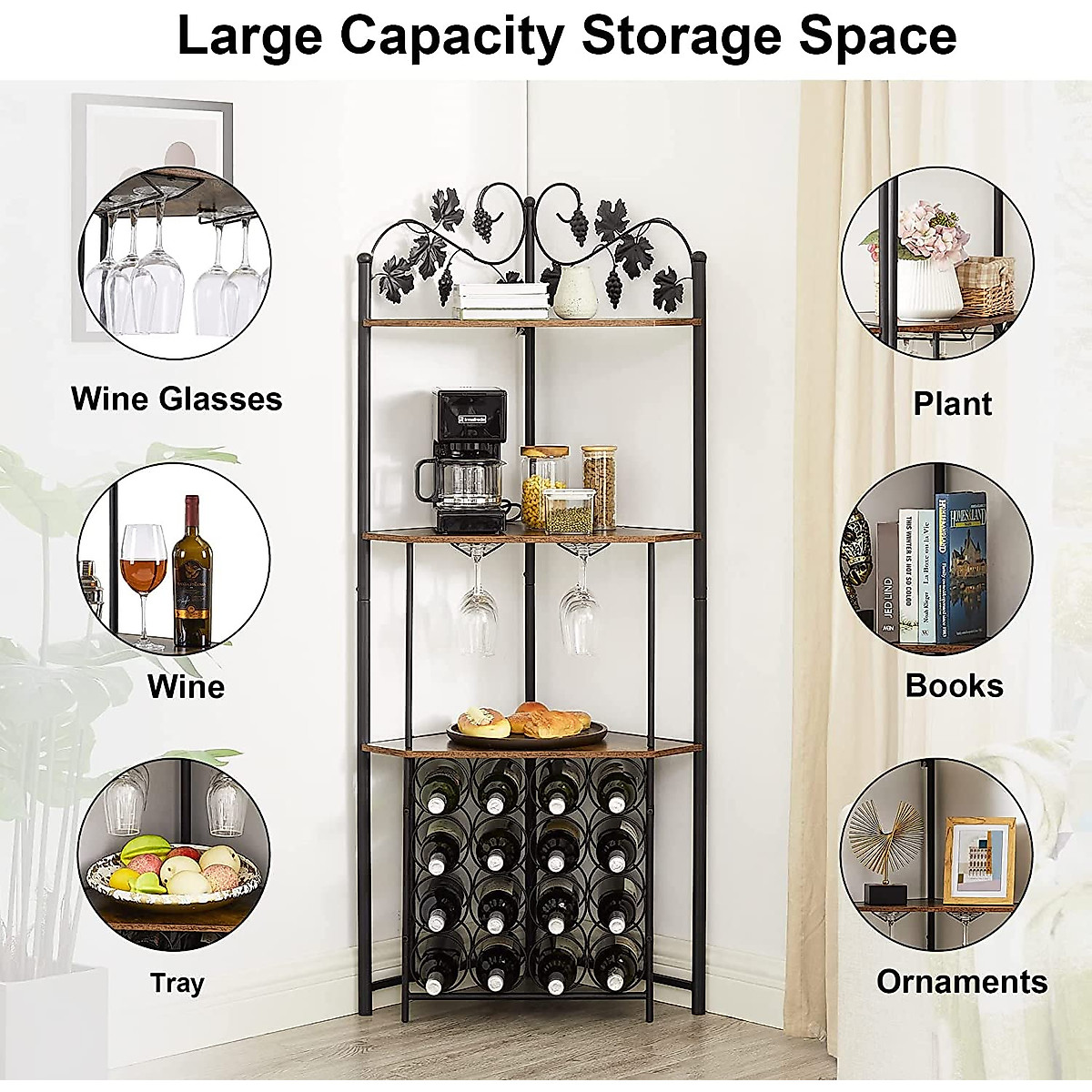 VECELO 3-Tier Corner Wine Rack Freestanding Floor with Glass Holder, 16 Bottles, Wooden Home Liquor Bar Cabinet Storage Display Shelf for Kitchen Dining Room, Rustic Brown