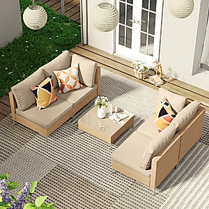 VICLLAX 5 Pieces Wicker Patio Furniture Set, Outdoor Conversation Set Sectional Sofas with Cushions and Glass-top Tea Table, Oak Rattan