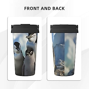 Reusable Coffee Mug with Lid and Handle, Penguin Parents and Chicks Antarctica Large Tumbler for Hot & Cold Drinks 16oz Stainless Steel Insulated Coffee Tumblers Double Wall Vacuum Thermal Cup