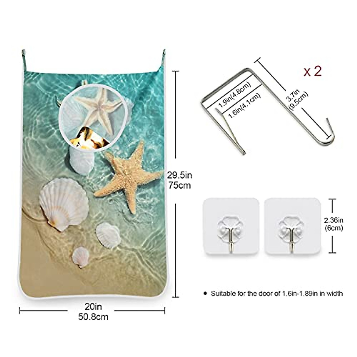xigua Summer Beach Starfish And Seashell Hanging Laundry Hamper Bag, Hanging Laundry Basket for Holding Dirty Clothes, Space Saving Hanging Laundry Bag with Free Adjustable Steel & Suction Cup Hooks 1