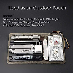 Water Resistant Zipper Document Holder, Fits Manila Folder, Rustic Large Waxed Canvas Pouch with Full Grain Leather, Inner Pockets, Carabiner, Travel Accessories. Olive.