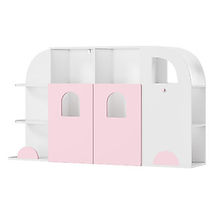 FOTOSOK Toy Storage Organizer with Truck Design, Kids Bookshelf with 12 Storage Cubbies and 2 Door, Toy Organizers and Storage for Playroom, Bedroom, School, Nursery, Pink and White