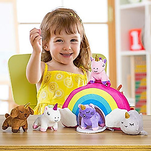 Stuffed Toy Unicorn Animal Set – Set of 5 Stuff Toys for Toddlers - with Rainbow Carry Bag - 2 Unicorns, Kitty, Puppy, and Narwhal – Toddler Gifts for Girls Age 3, 4, 5, 6, 7, 8 Year Old