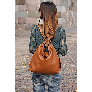 TimeStoryBag Women Leather Backpack/Purse- Handmade Convertible Hobo Shoulder Bag from Genuine Leather Cognac
