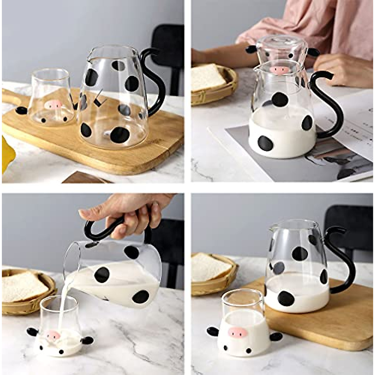 RockTrend Cartoon Cow Clear Glass Bedside Night Water Carafe Set with Tumbler, Pitcher And Cup Night Set