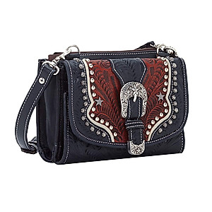 American West Western Leather Crossbody with Wallet for Women - Navy