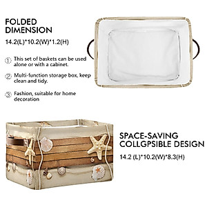 DEHOZO Storage Basket Bins, Wooden Seashells Starfish Beach Collapsible Storage Cubes Organizer with Handles, Closet Shelves Clothes Storage Box Toys Organizer for Bedroom Living Room, 2pcs