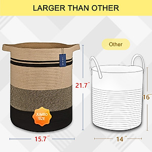 COMSE Extra Large Laundry Basket, Tall Blanket Basket, Laundry Hamper with Handles, 15.7”x 21.7”, Cotton Rope Basket, Woven Laundry Basket, Toy Basket, Clothes Baskets,Woven Basket, Brown/Black