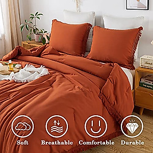 Andency Terracotta Comforter Set King, 3 Pieces Burnt Orange Boho Tassel Lightweight Bedding Comforter Sets, All Season Rust Soft Fluffy Fringe Bed Set (104x90In Comforter & 2 Pillowcases)