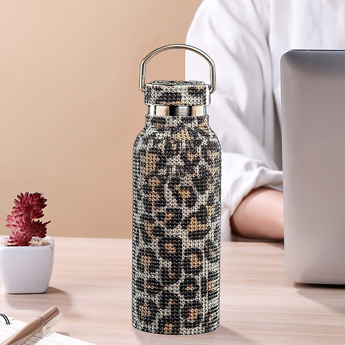 Diamond Insulated Bottle with Lid & Handle- Sparkling Rhinestone Leakproof Studded 304 Stainless Steel Vacuum Cup Thermo Travel Coffeee Mug for Women
