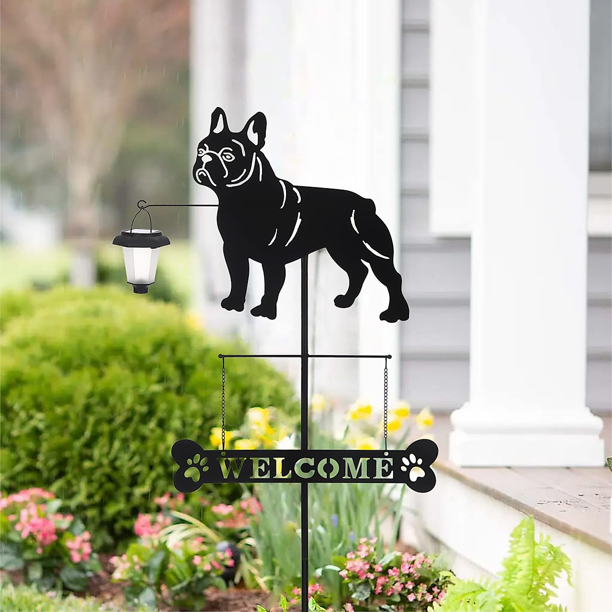 BAYN Solar French Bulldog Silhouette Dog Breed Welcome Sign with a Lantern Outdoor Decorative Garden Stakes for Yard, Lawn, Patio, Pathway