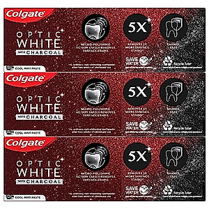 Colgate Optic White with Charcoal Whitening Toothpaste, Cool Mint Flavor, Safely Removes Surface Stains, Enamel-Safe for Daily Use, Teeth Whitening Toothpaste with Fluoride, 3 Pack, 4.2 Oz Tube