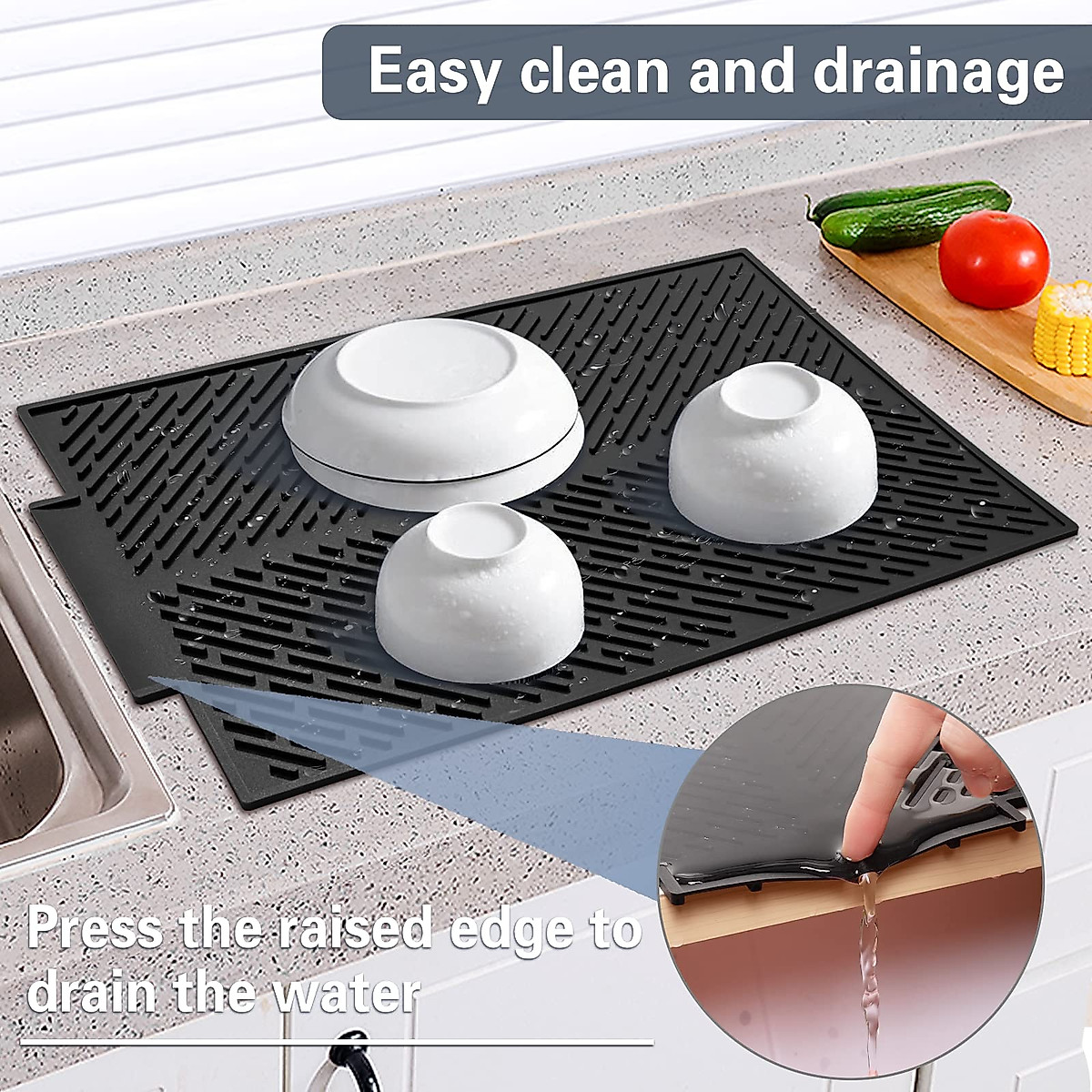 iArtker Silicone Dish Drying Mat with Drain Lip,17" x 13" Dish Drainer Mat for Kitchen Counter,Flexible Rubber Dish Draining Mat, Non-Slip Heat & Cold Resistant, Dish Washer Safe,Black