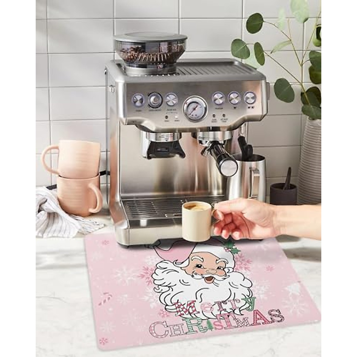 LaBLUUX Coffee Mat for Counter, Merry Christmas Cute Pink Santa Absorbent Hide Stain Coffee Bar Mat, Non-Slip Coffee Bar Accessories Kitchen Drying Mat Fit Under Coffee Maker Espresso Machine