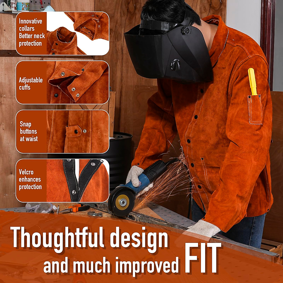 QeeLink Leather Welding Jacket - Flame-Resistant Heavy Duty Work Welder Jackets - Split Cowhide Welding Coat for Men Women (Large)