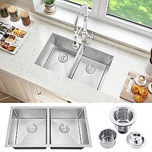 ATTOP Double Bowls Undermount Kitchen Sink,32 Inch Nano Coating Stainless Steel Kitchen Sink Undermount Double Bowls Sink