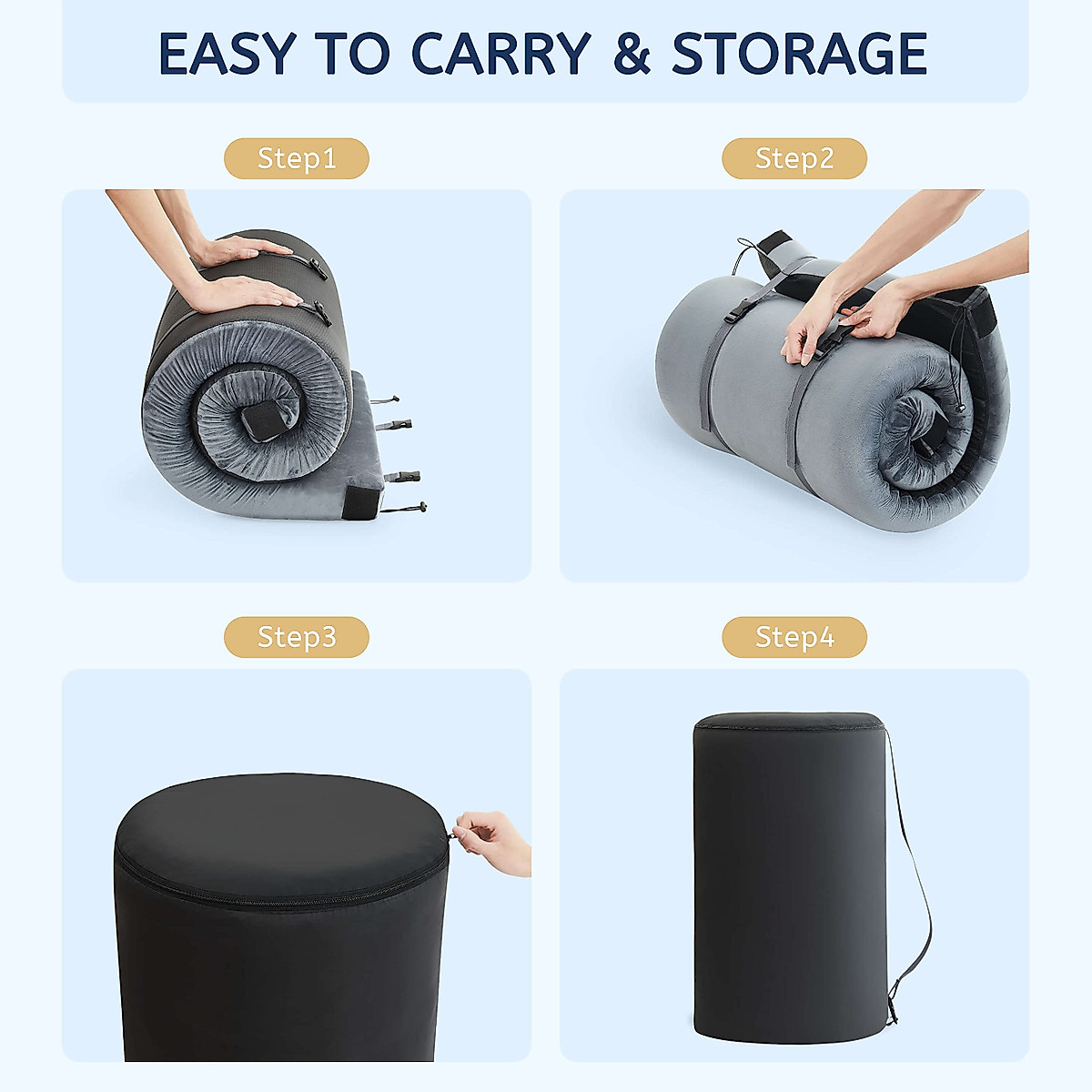 HomeMate CertiPUR-US Memory Foam Camping Mattress Pad Portable Roll Up Mattress for Adults Sleeping Mat Cot Mattress Pad Car Tent Floor Mattress Removable Waterproof Cover Travel Bag Guest Bed