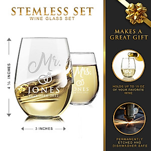 Mr and Mrs Wine Stemless Glasses - Personalized Engraved Wedding for Couples - Custom Monogrammed - Set of 2