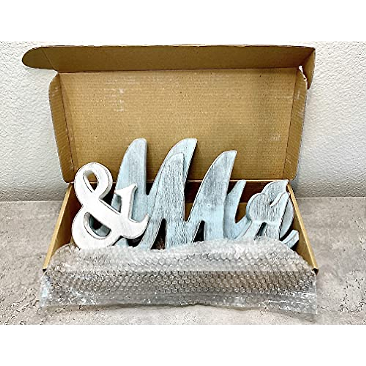 Mr & Mrs Wood Sign Wedding Decorations for Bride & Groom Reception Head Table. Wooden Letters for Married Couple's Centerpiece, Engagement & Bridal Shower Party Or Wedding Cake Table. (Rustic Blue)