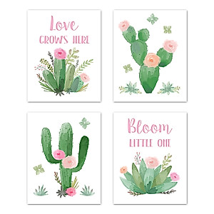 Sweet Jojo Designs Pink and Green Boho Wall Art Prints Room Decor for Baby, Nursery, and Kids for Watercolor Cactus Floral Collection - Set of 4 - Love Grows Here, Bloom Little One