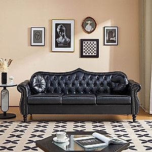 Modern PU Tufted Couch 3 Seater with Rolled Arms and Nailhead, Deep Button Nailhead Tufted Black Upholstered Couches, Roll Arm Classic Tufted Chesterfield Settee Leather Sofa for Living Room (Black)