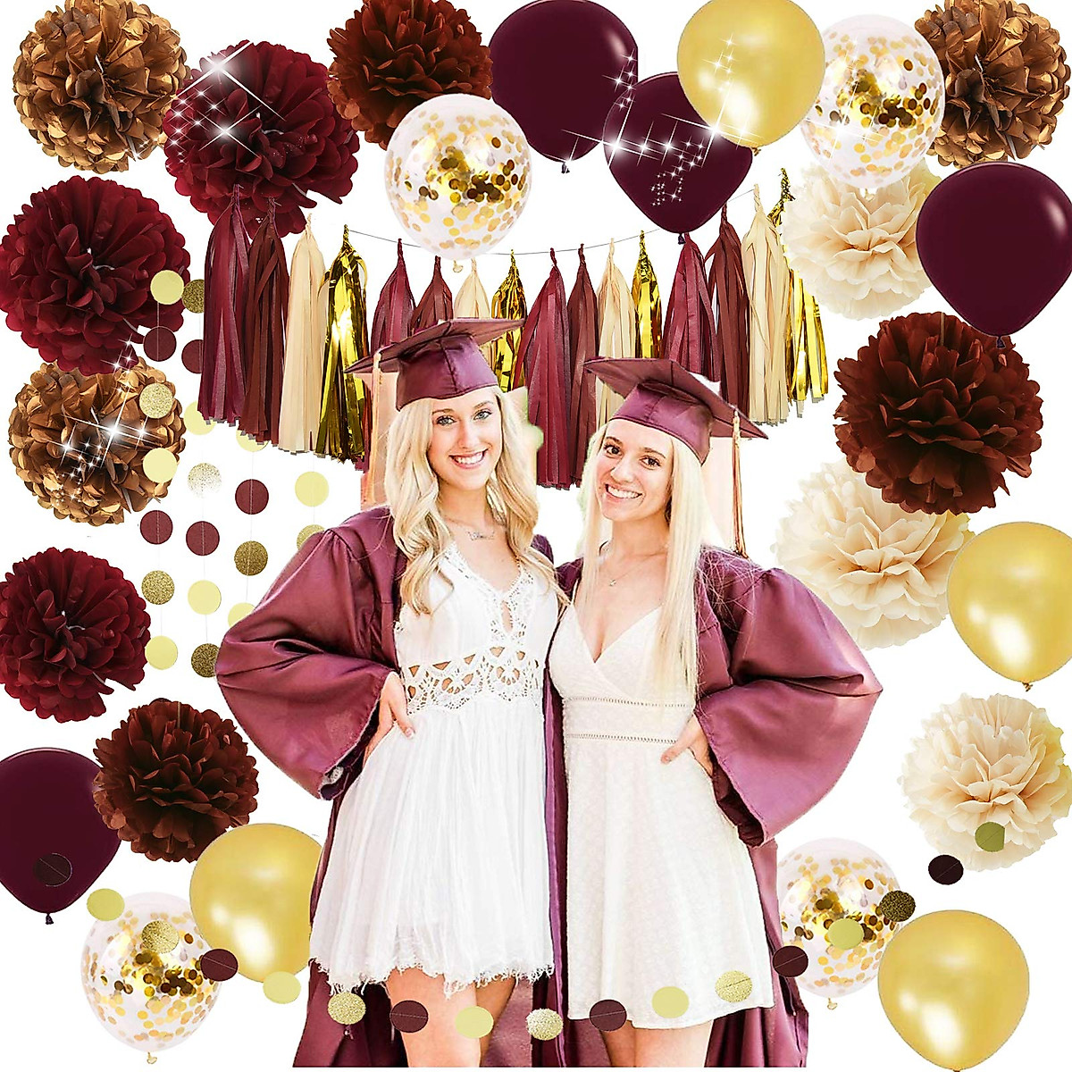Burgundy Gold Birthday Party Decorations for Women Fall/Burgundy Gold Balloons/Big Size Tissue Pom Pom/Wedding/Fall Bridal Shower Decorations Retirement/Graduation Decorations Maroon Gold Class of 2023/FSU ASU Graduation