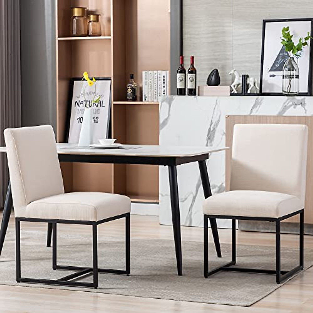 VESCASA Linen Upholstered Dining Chairs Set of 2, Mid Century Modern Padded Chair with Black Metal Frame for Restaurant, Dining Room, Kitchen, Cream
