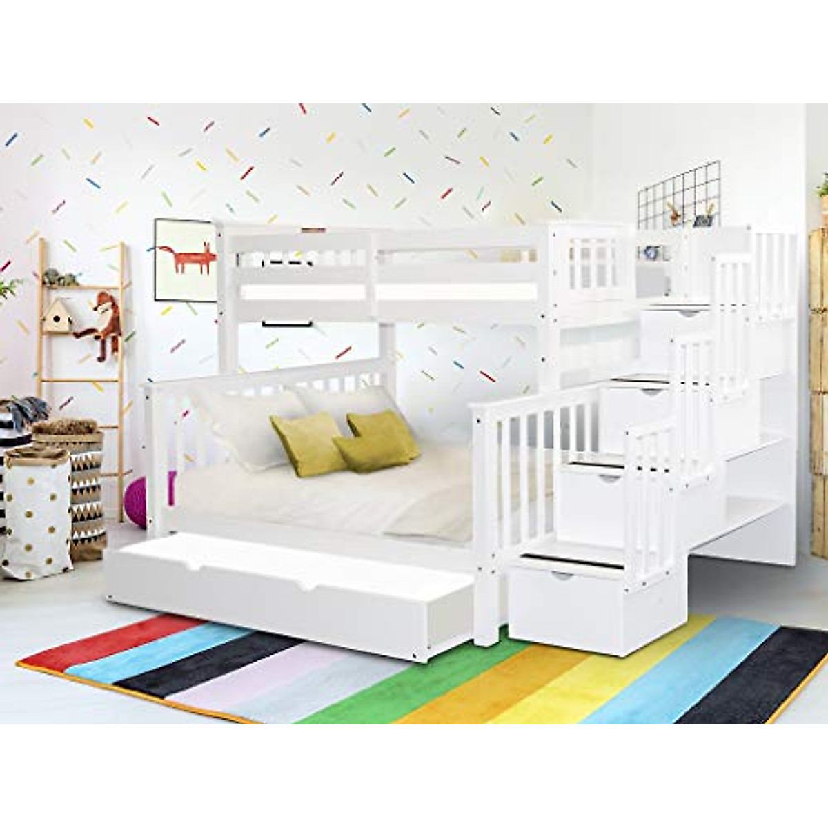 Bedz King Stairway Bunk Beds Twin over Full with 4 Drawers in the Steps and a Full Trundle, White