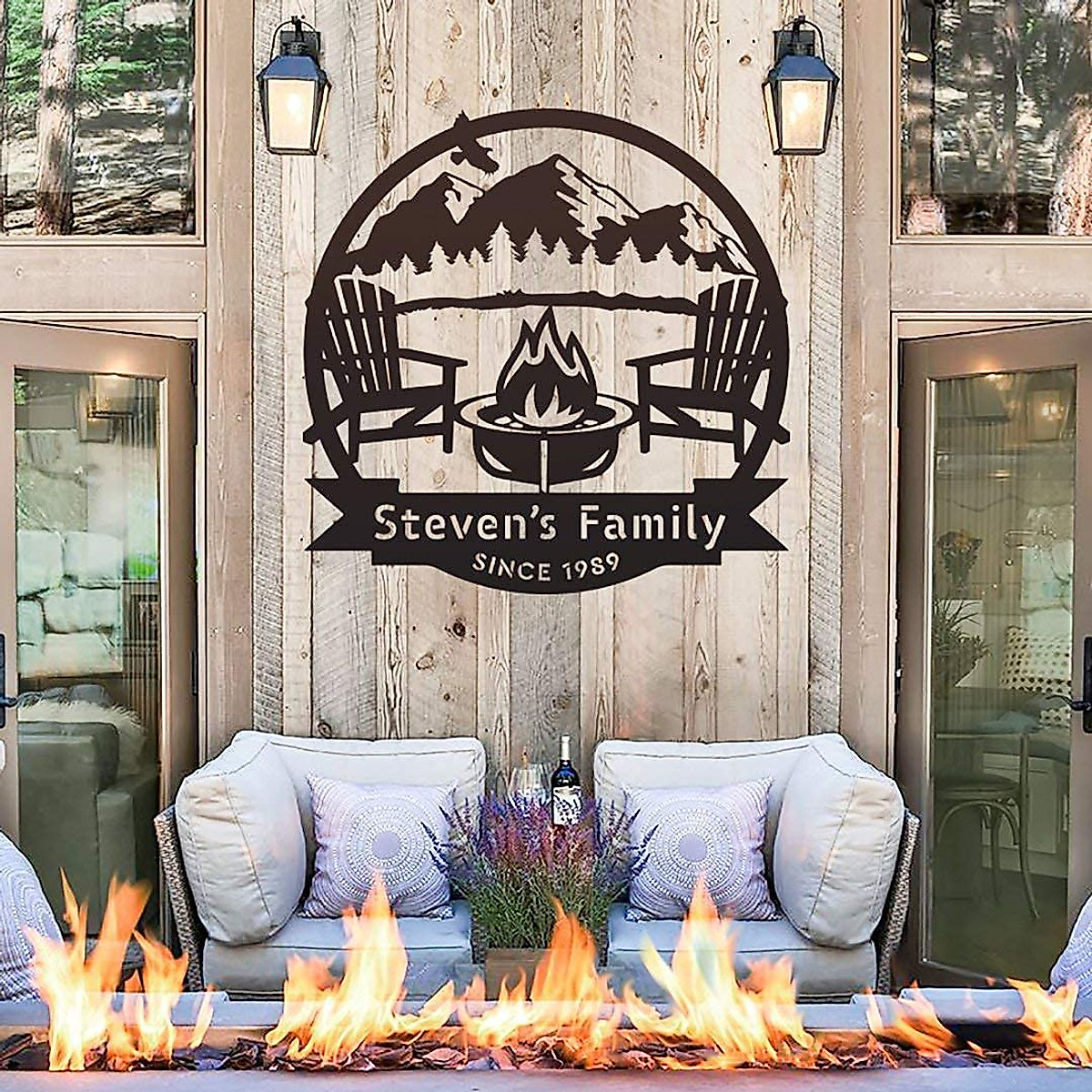RealSteel Personalized Campfire Name Sign - Custom Metal Wall Art with Adirondack Chairs, Mountains, and Campfire Scene - Rustic Cabin, RV, and Campsite Decor - Gift for Campers & Nature Lovers - Black, 18"